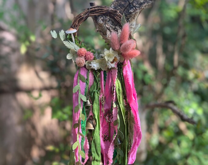 Pink and Green Earth Sign Witch Bells Cottage Core Dried Flowers ...
