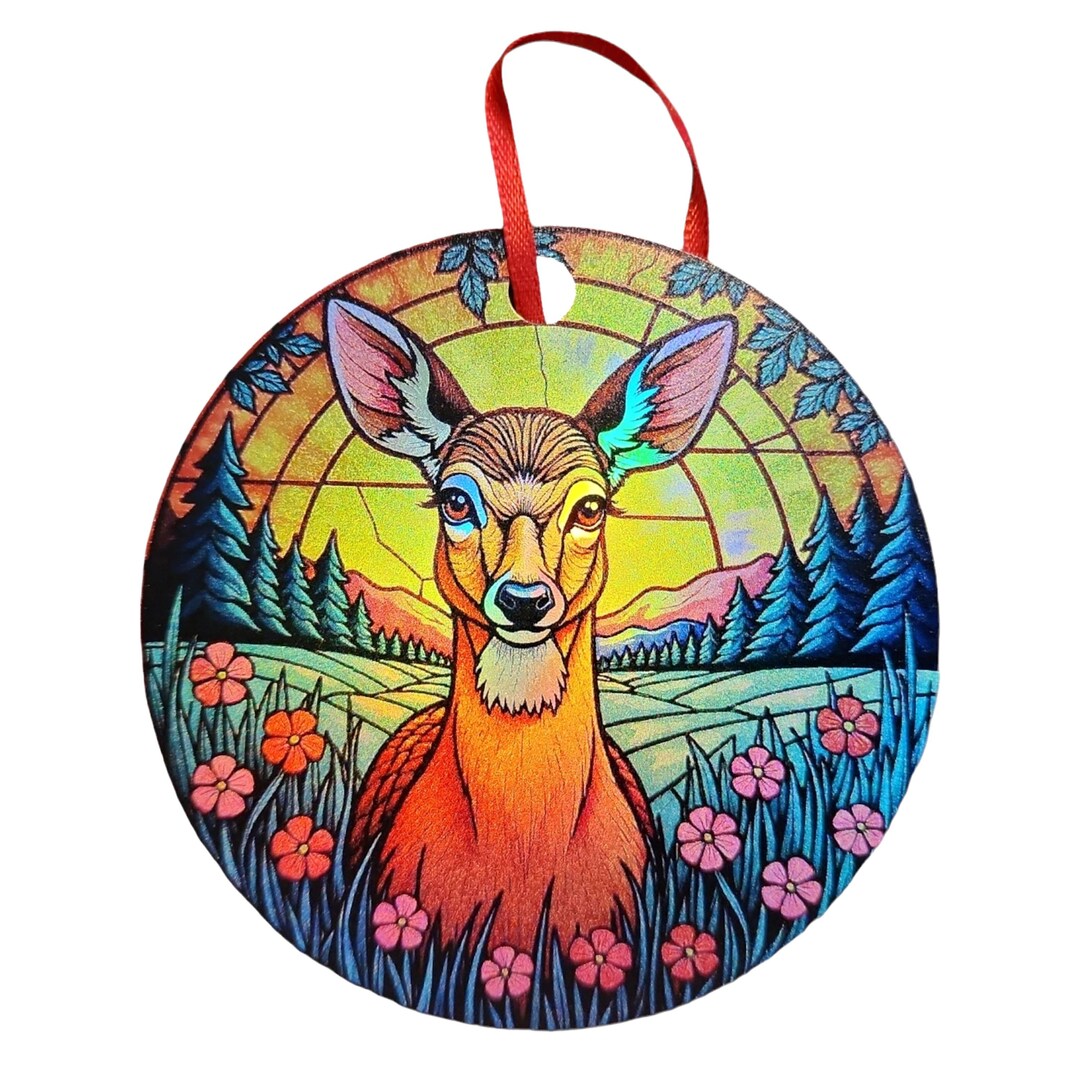 Doe With Pink and Red Flowers in a Field Holographic Design Wildlife ...
