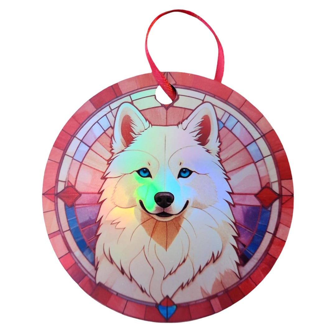 American Eskimo Pink Background Holographic Dog Ornament - Etsy