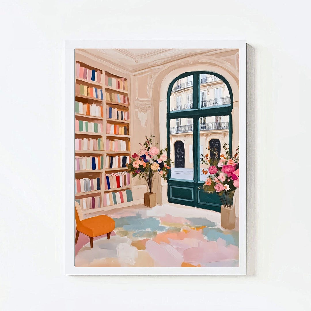 Parisian Library With Flower Arrangements Art Print, Cozy Book Lover ...