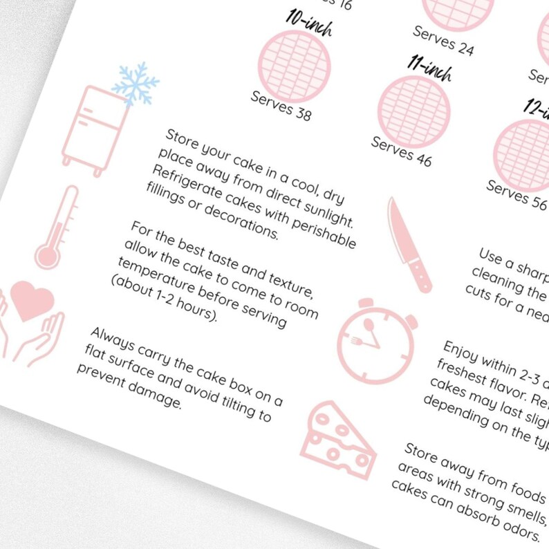 Cake Care and Cutting Guide Printable, 5x7 Bakery Instruction Card PDF ...