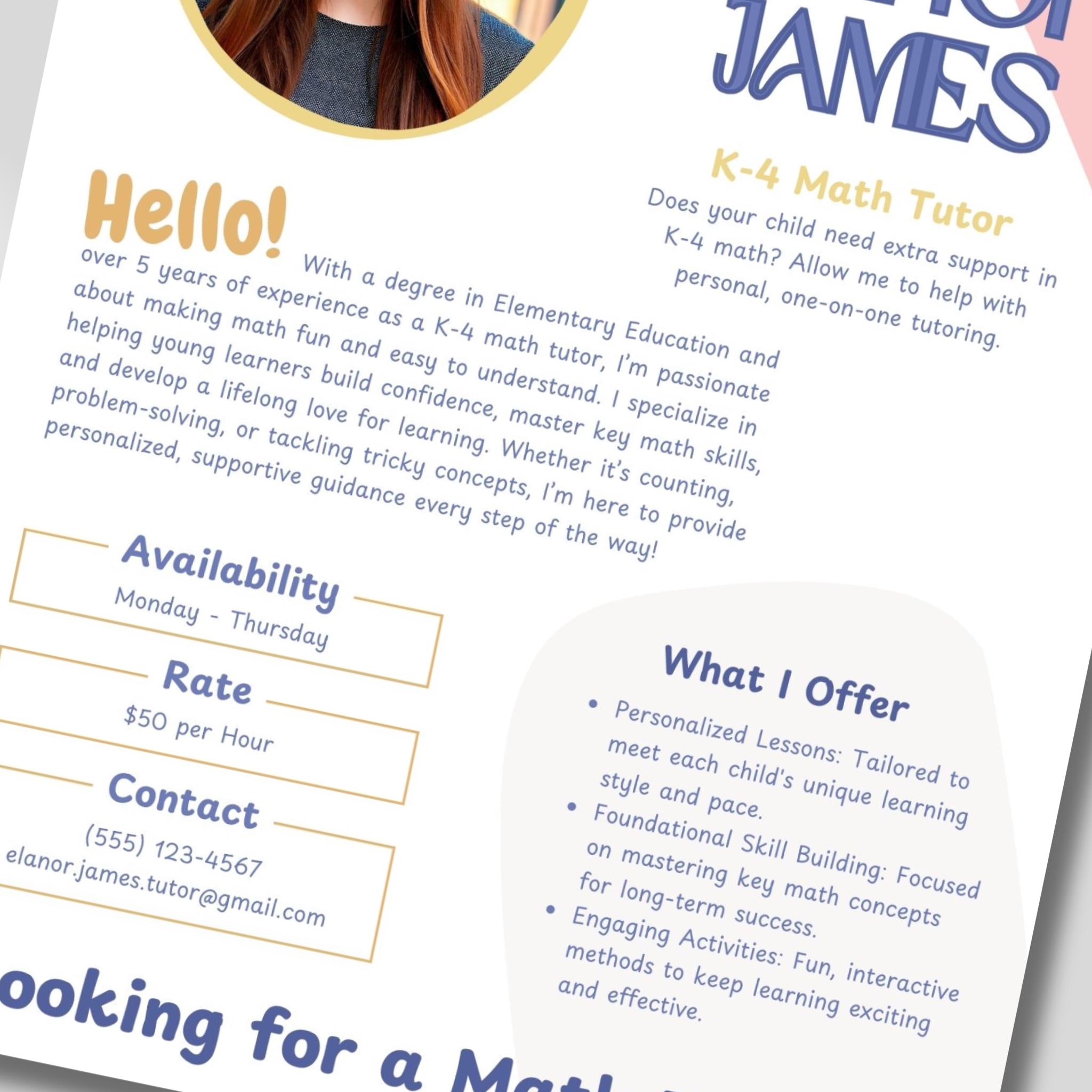 Tutoring Flyer Editable Template | Elementary Summer Tutor Poster ...