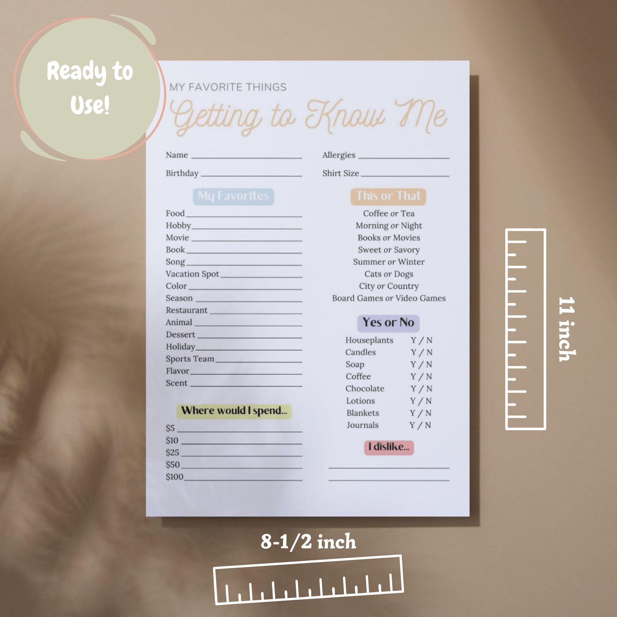 Getting to Know Me | My Favorite Things List | Employee Favorites Team ...