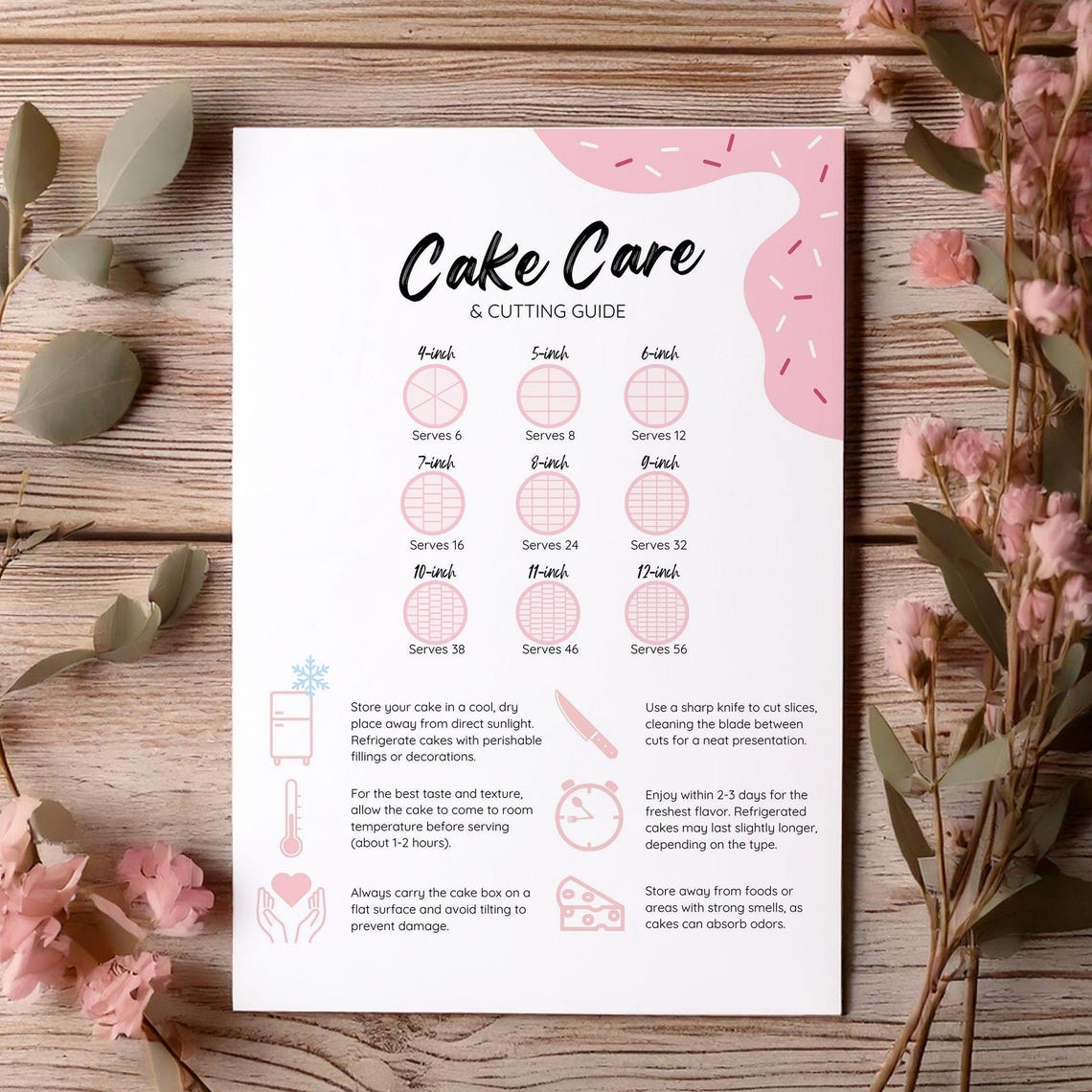 Cake Care and Cutting Guide Printable, 5x7 Bakery Instruction Card PDF ...