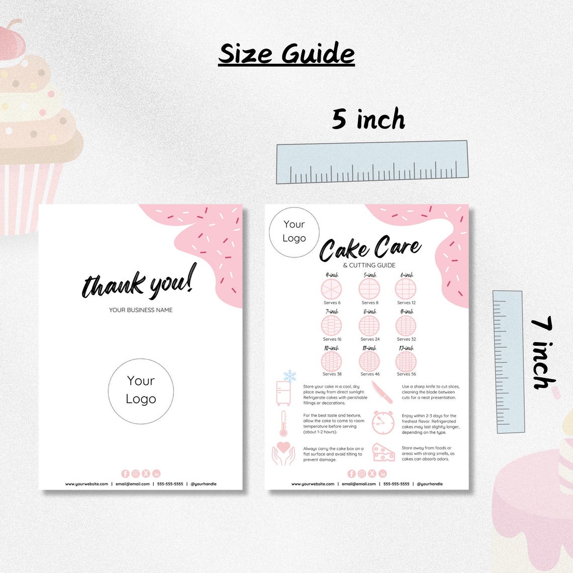 Editable Cake Care Card Template, Bakery Business Sizing Guide (digital ...
