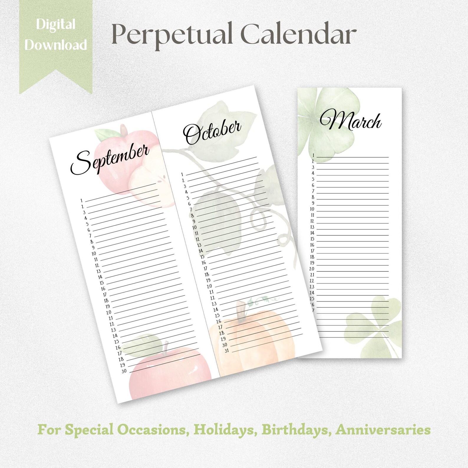 Perpetual Calendar Watercolor Printable | Events Tracker for Birthdays ...