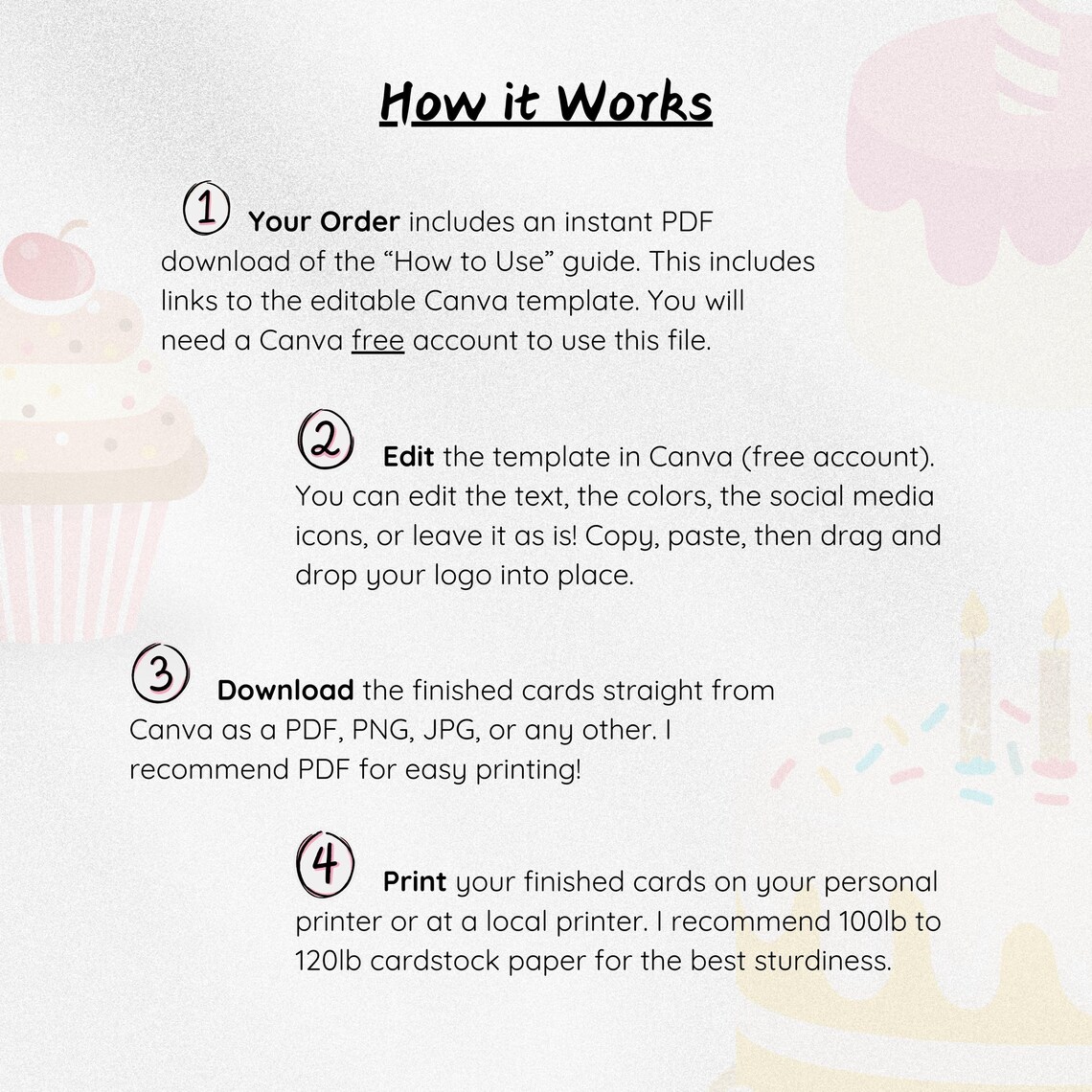 Cake Care Card Template, Cutting & Sizing Guide, Bakery Business ...