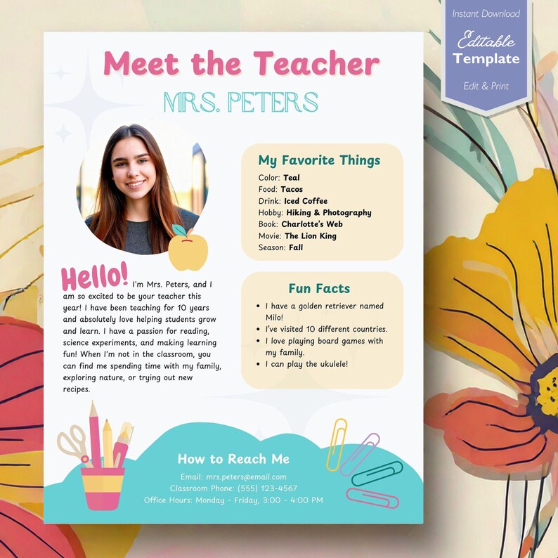 Meet the Teacher Editable Template | All About My Teacher | Get to Know ...