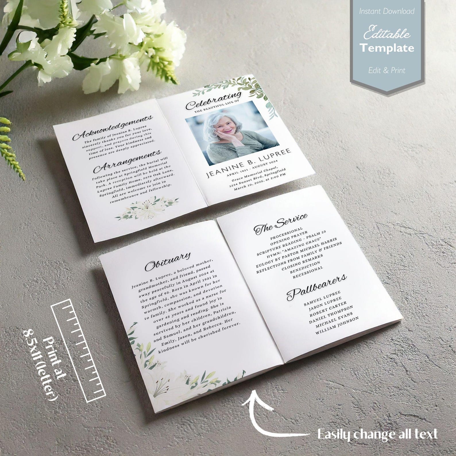 Funeral Program Editable Template | Obituary Template | Funeral ...