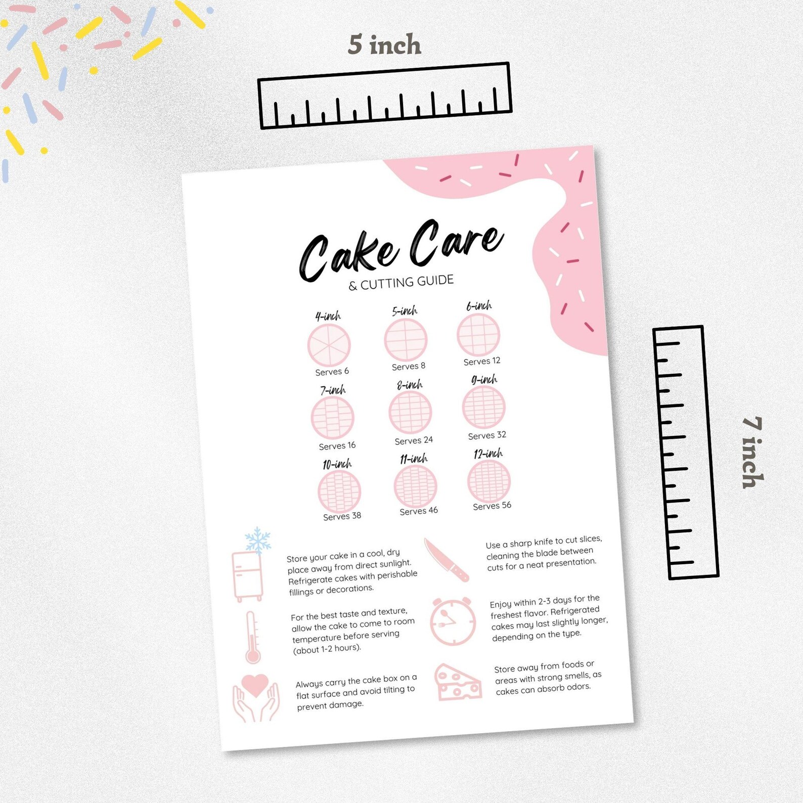 Cake Care and Cutting Guide Printable, 5x7 Bakery Instruction Card PDF ...
