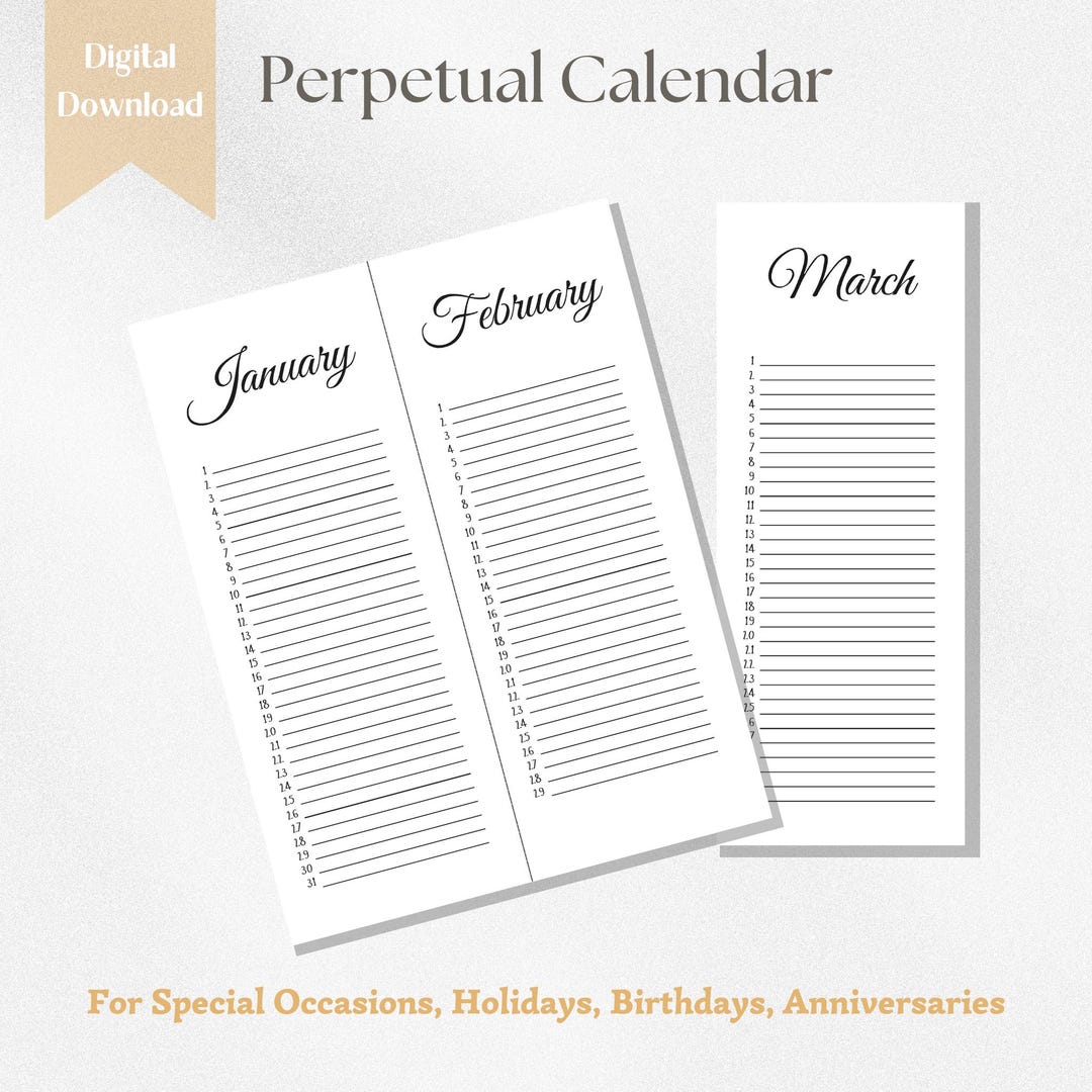 Perpetual Calendar Minimalist Printable | Events Tracker for Birthdays ...
