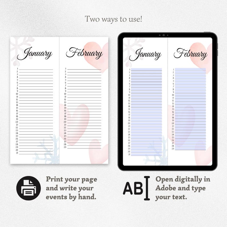 Perpetual Calendar Watercolor Printable | Events Tracker for Birthdays ...