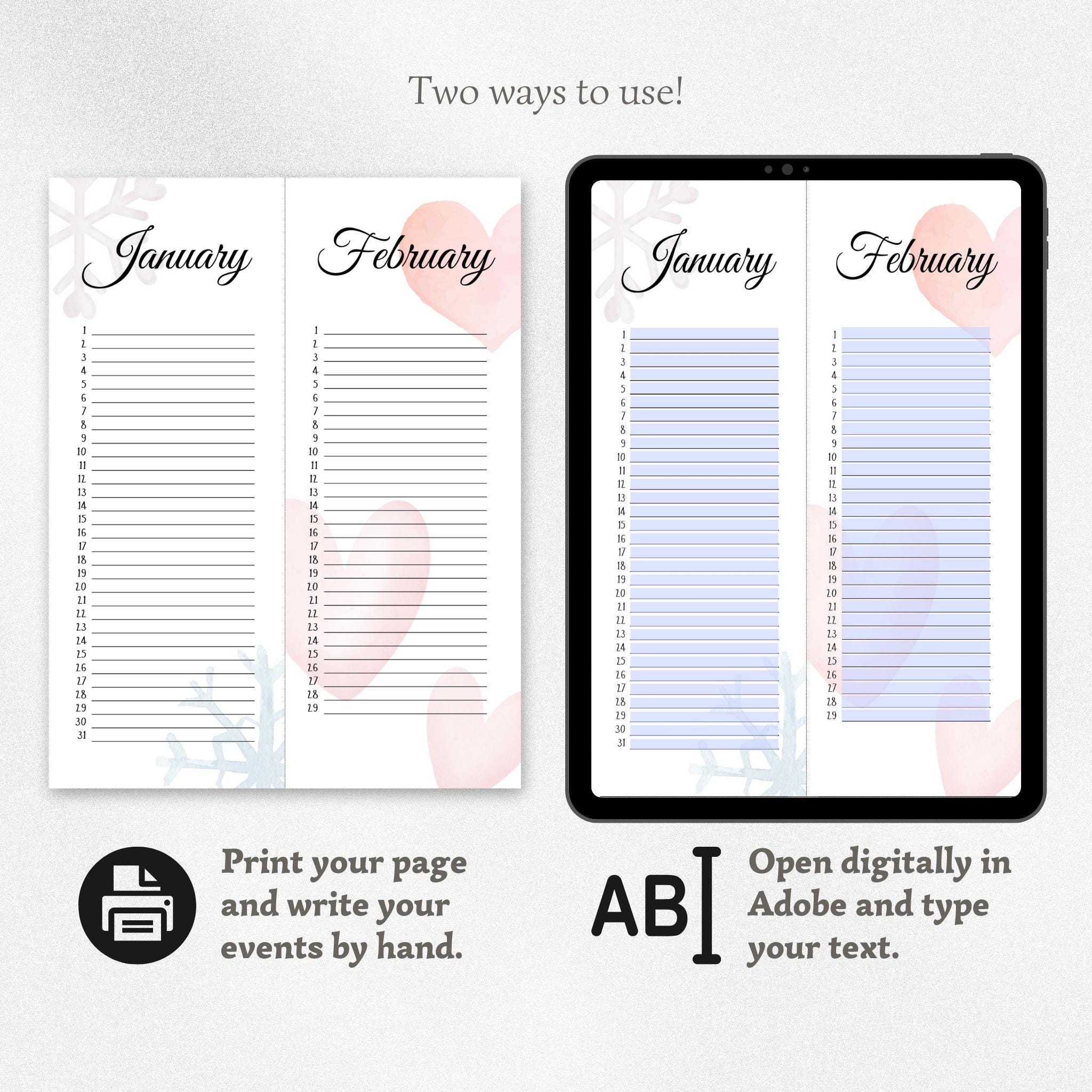 Perpetual Calendar Watercolor Printable | Events Tracker for Birthdays ...