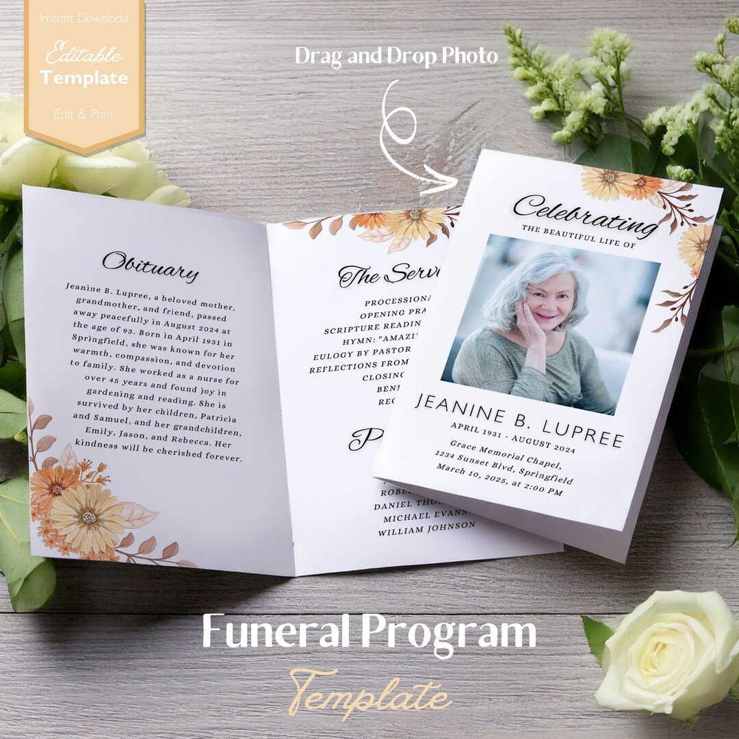 Funeral Program Editable Template | Obituary Template | Funeral ...