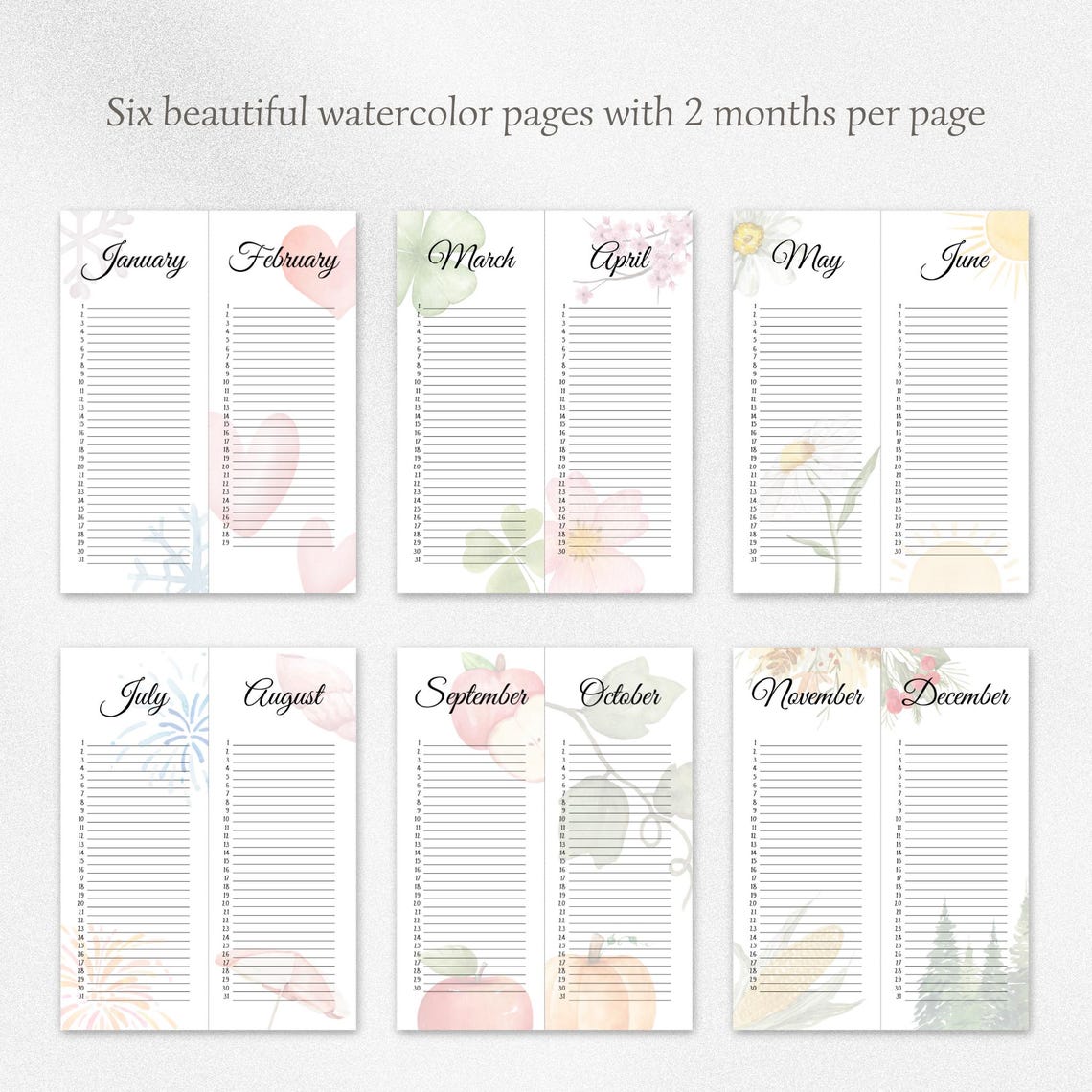 Perpetual Calendar Watercolor Printable | Events Tracker for Birthdays ...