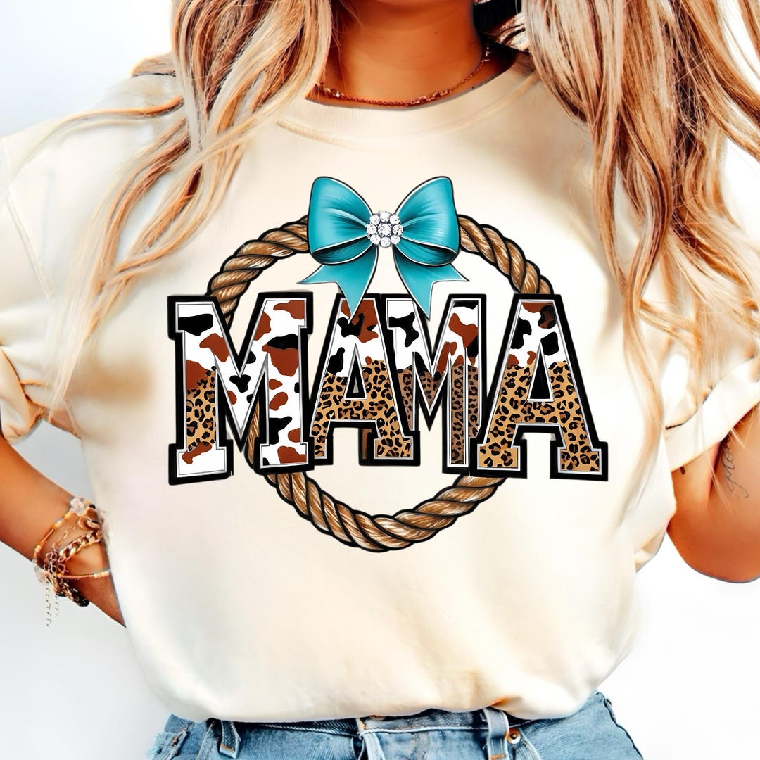 Western Mama Leopard & Cow Print Design With Turquoise Bow (digital ...