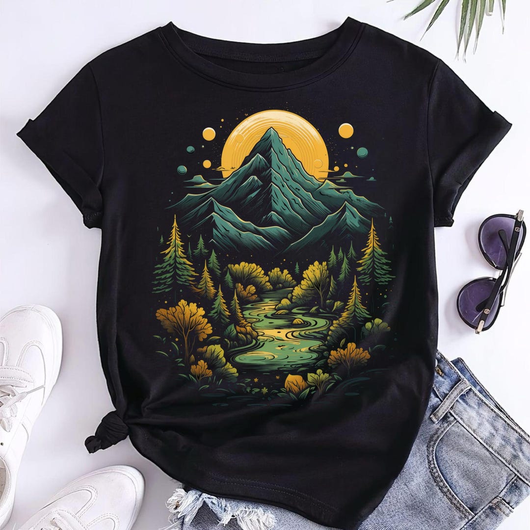 Nature Landscape Shirt Design, Moonlit Mountain, Mountain and River ...