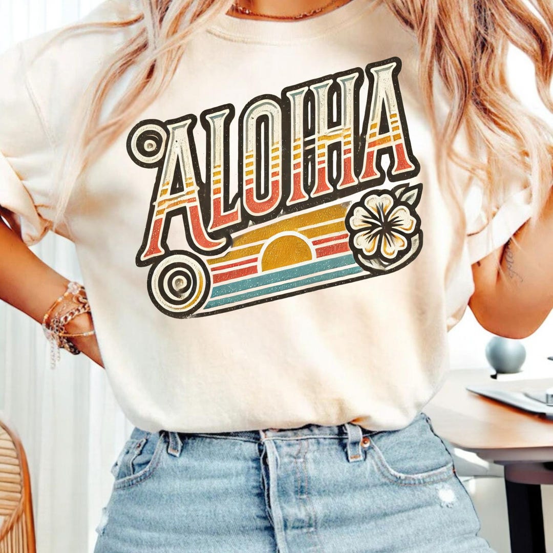 Retro Aloha Shirt Design: Vintage Hawaii Sunset (PNG Digital Download ...