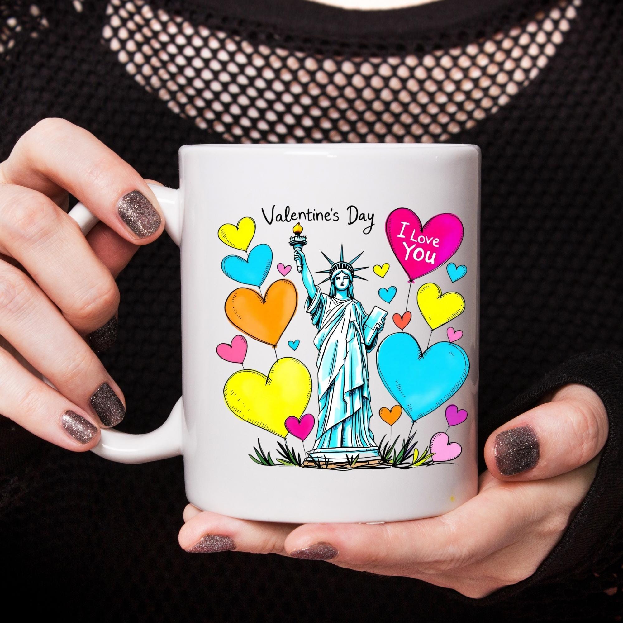 Statue of Liberty Valentine's Day PNG, Colorful Heart Balloons ...