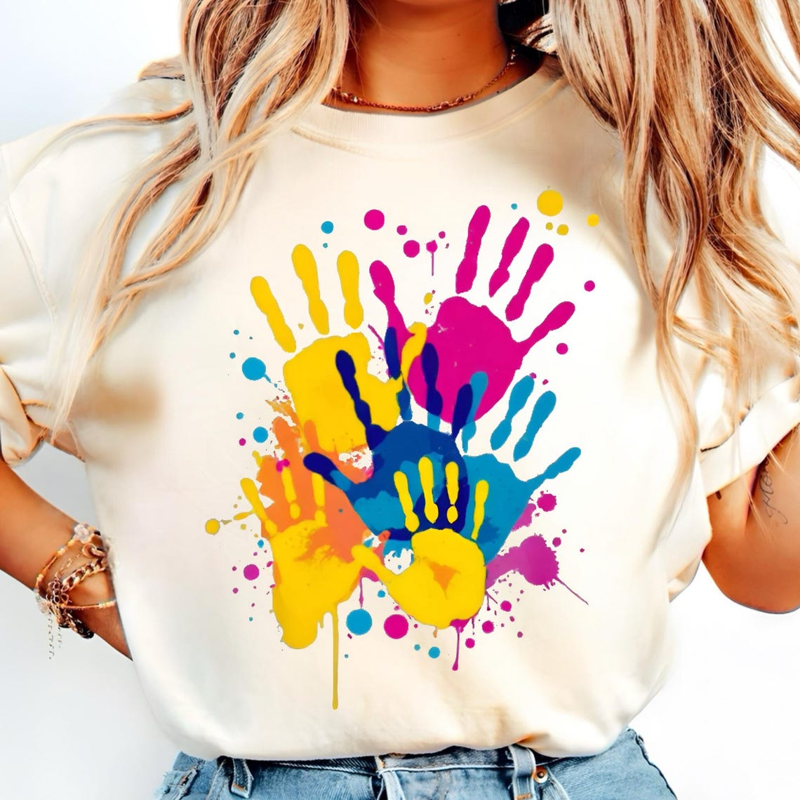 Retro Handprint Shirt PNG: Colorful Paint Splatter Design (digital ...