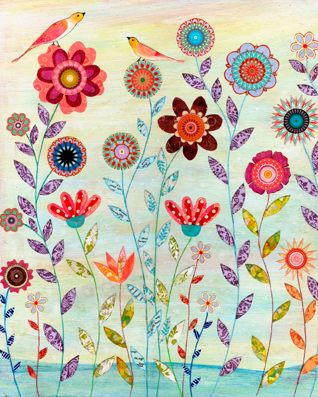 Collage Birds and Flowers Art Print, Mixed Media Large Poster Print ...