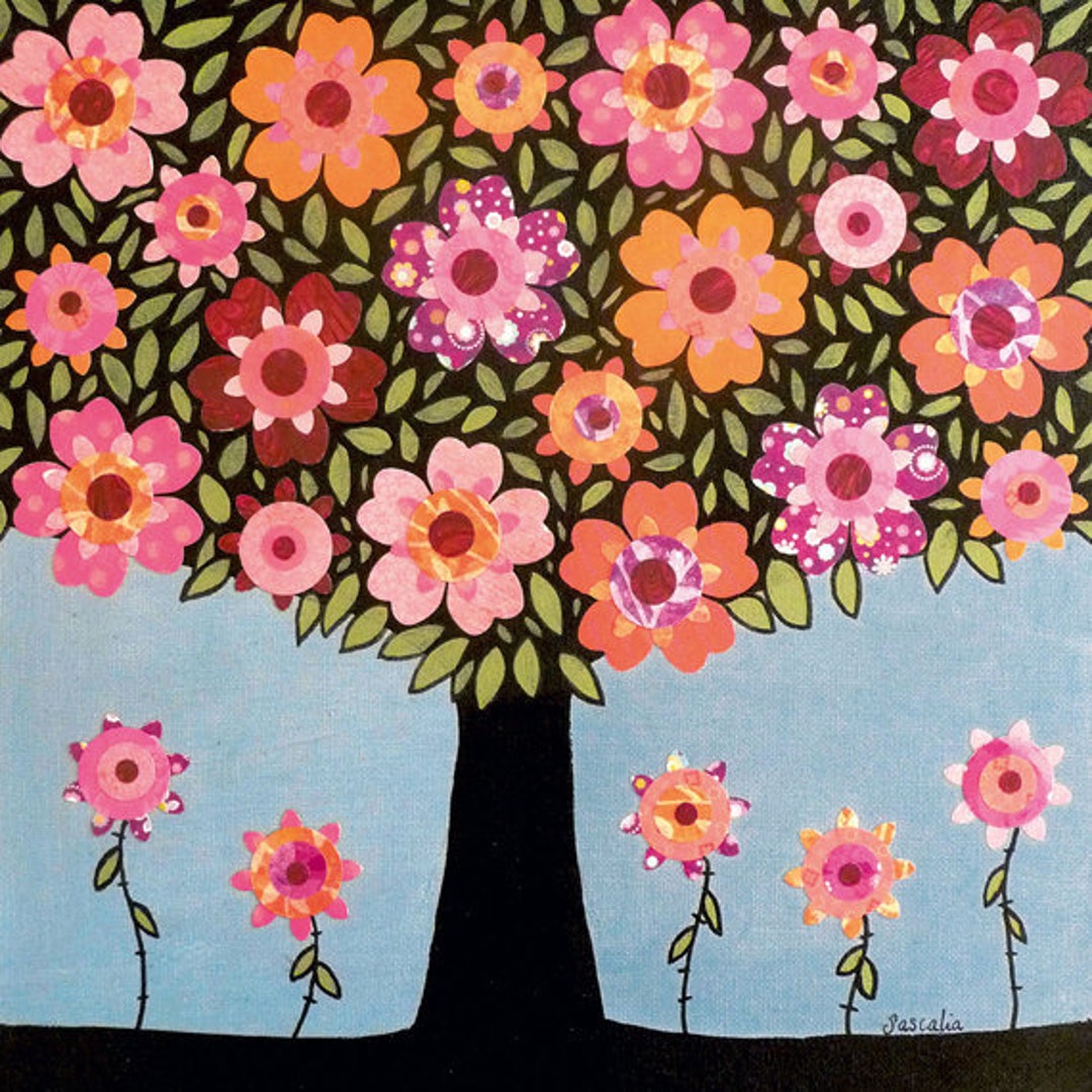 Pink Flower Tree Painting Art Print, Mixed Media Collage Tree Painting ...