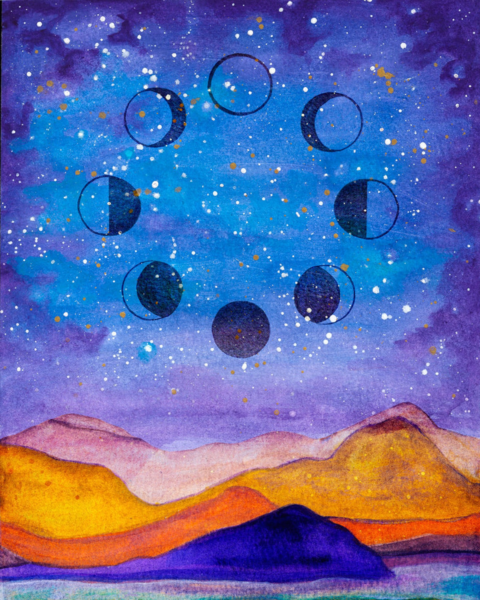 The Moon Lunar Phases Art Print Moon Illustration Moon Wall - Etsy