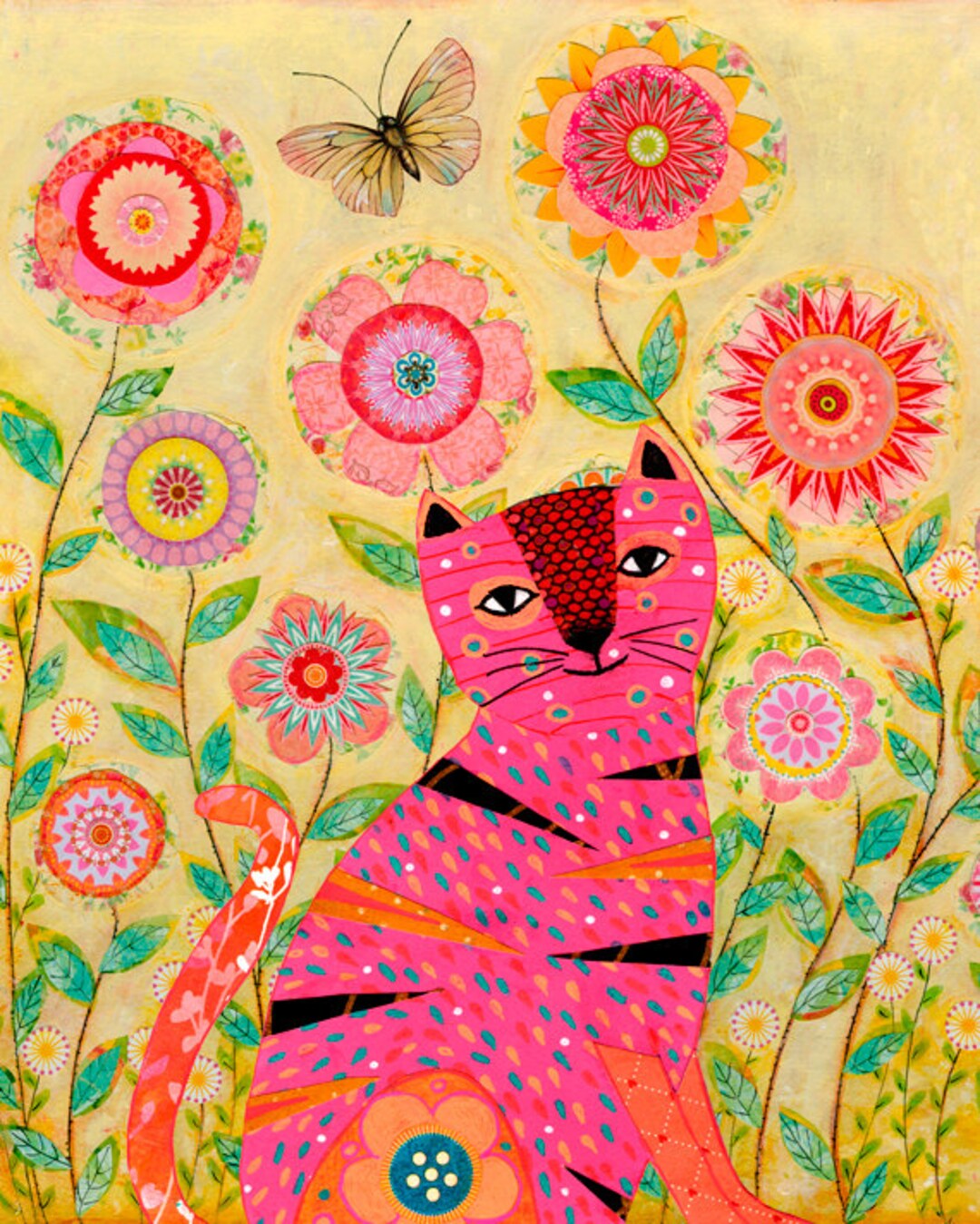 Pink Cat Art Print, Cat Portrait, Childrens Wall Art, Cat With ...