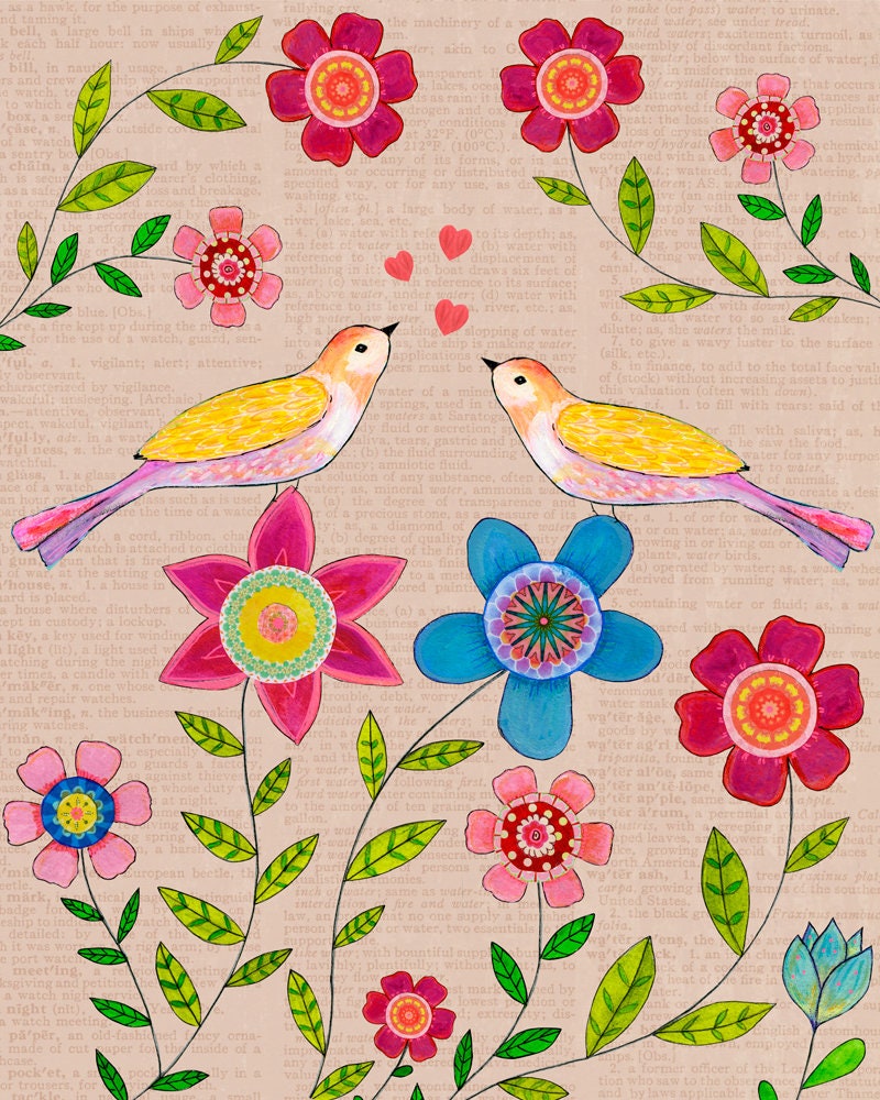 Large Birds and Flowers Art Print Two Birds Painting Large | Etsy