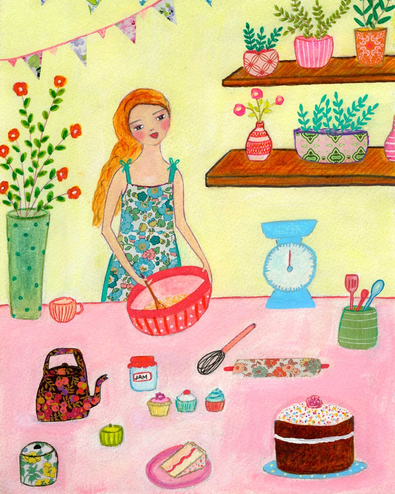 Baking Cakes Art Print Baking Art Cakes Art Print Kitchen Decor Retro ...