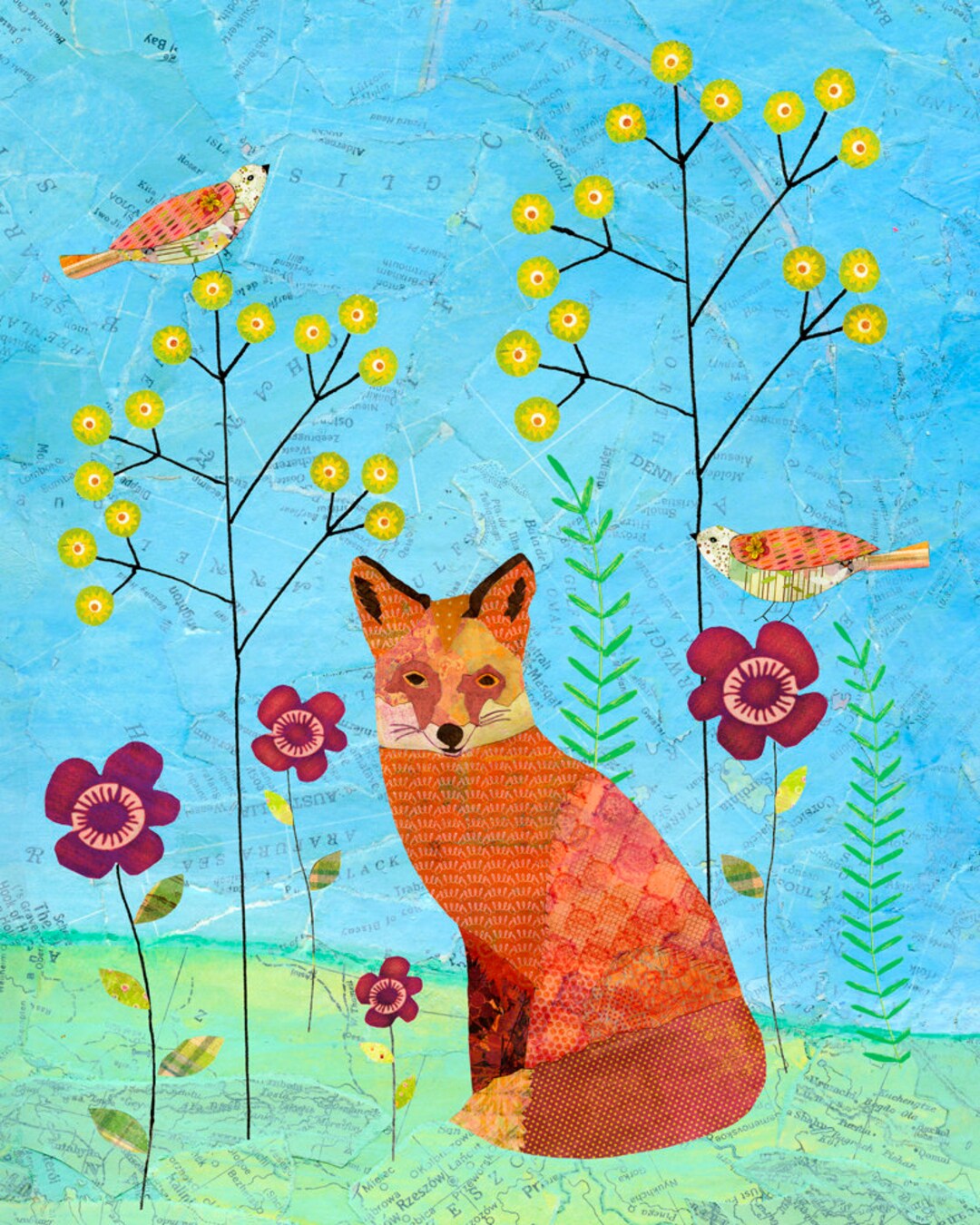 Fox Art Print, Fox Collage Painting,woodland Fox Painting, Animal Print ...