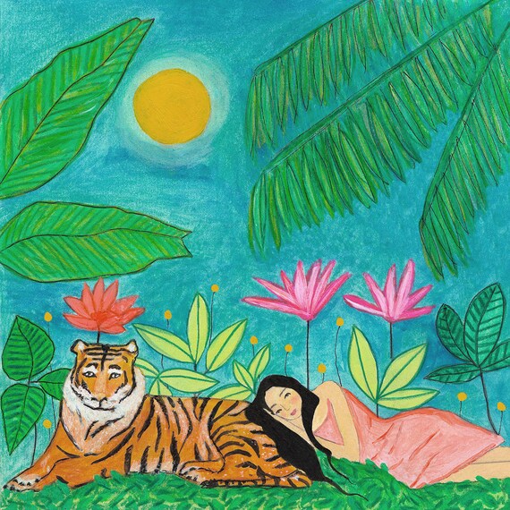 Girl and Tiger Art Print Tiger Painting Jungle Nursery Wall | Etsy