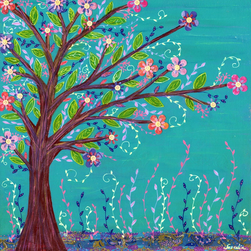 Blue Tree Landscape Mixed Media Poster Print Large Giclee | Etsy