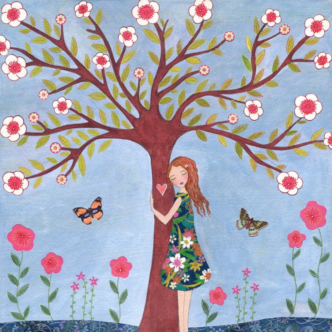 Art Print - Girl Art Print - Girl Hugging Tree Print - Folk Art Print ...