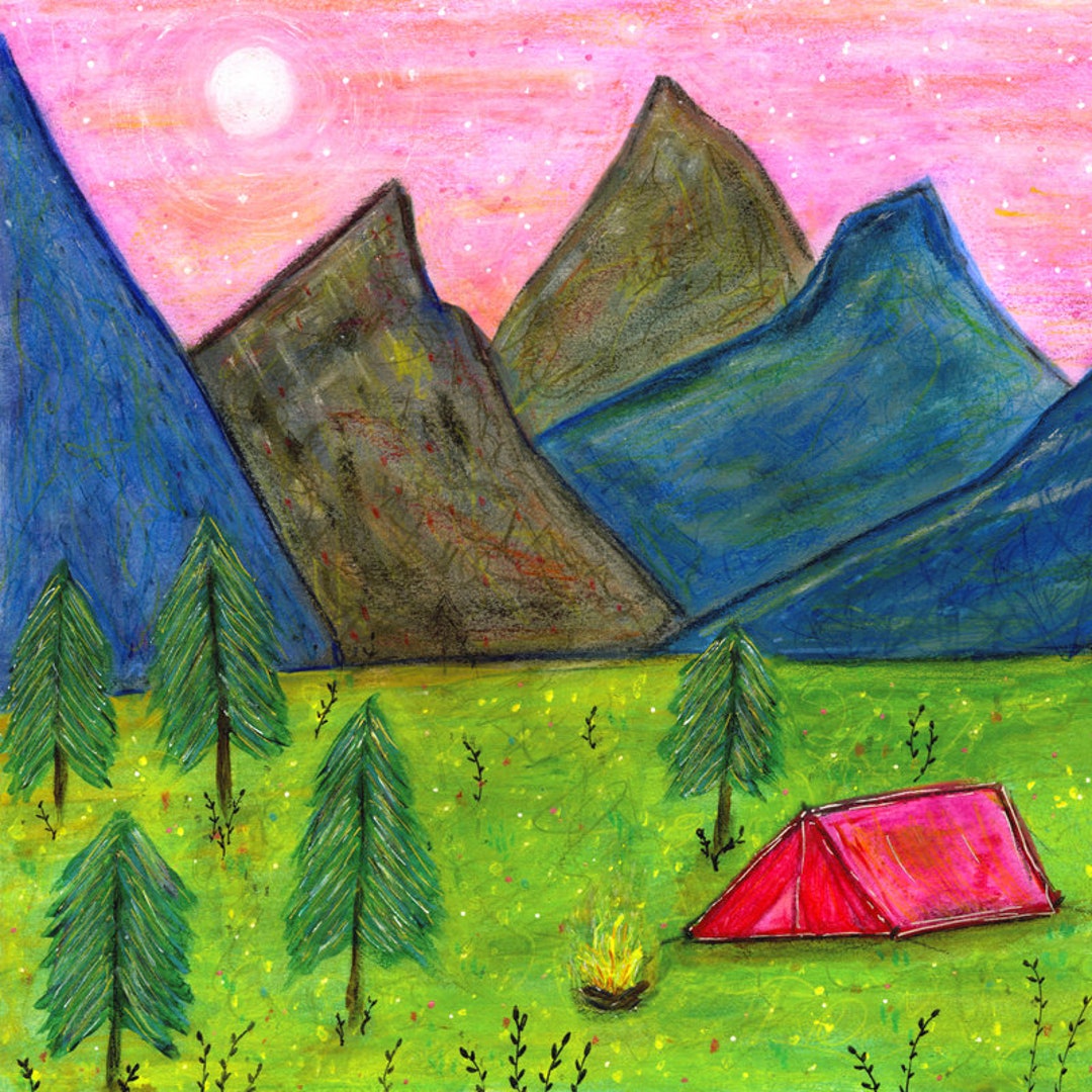 Wild Mountain Adventure Painting, Mixed Media Mountain Camping Painting ...