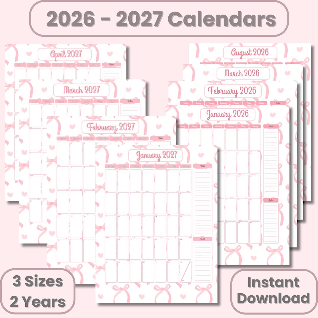 Pink Bow Calendar Organize 2026 2027 Calendar Pretty Pink Bow Printable ...