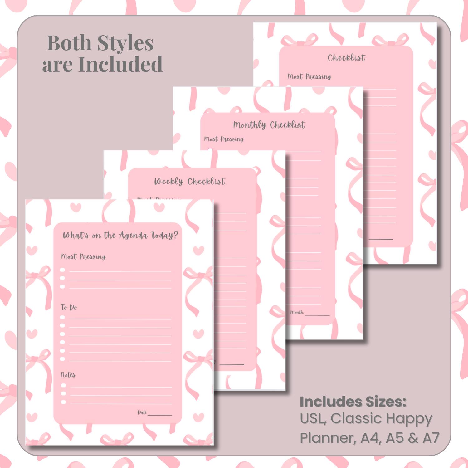 Pink Bow Planner to Do List Girlie Checklist Pink Bow Organization ...