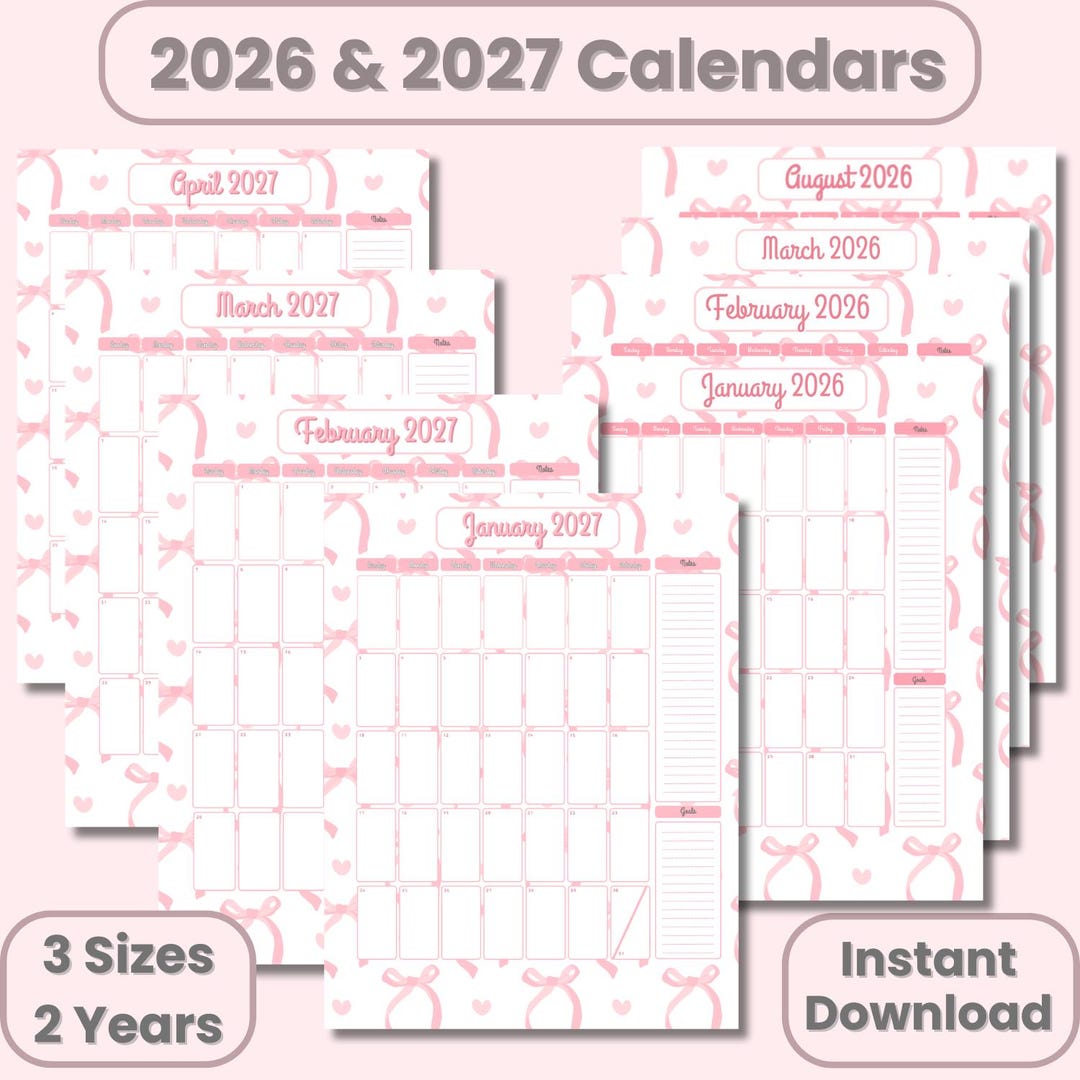 Pink Bow Calendar Organize 2026 2027 Calendar Pretty Pink Bow Printable ...
