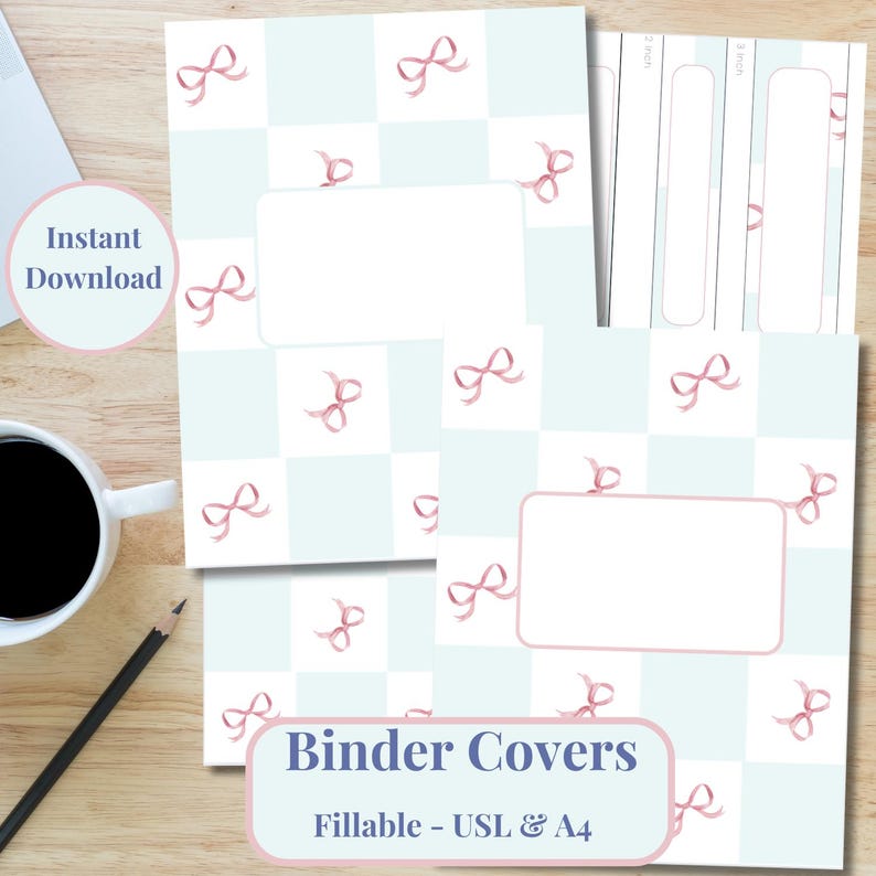Pink Bow & Blue Binder Cover Fillable Preppy Blue and Pretty Pink Bow ...