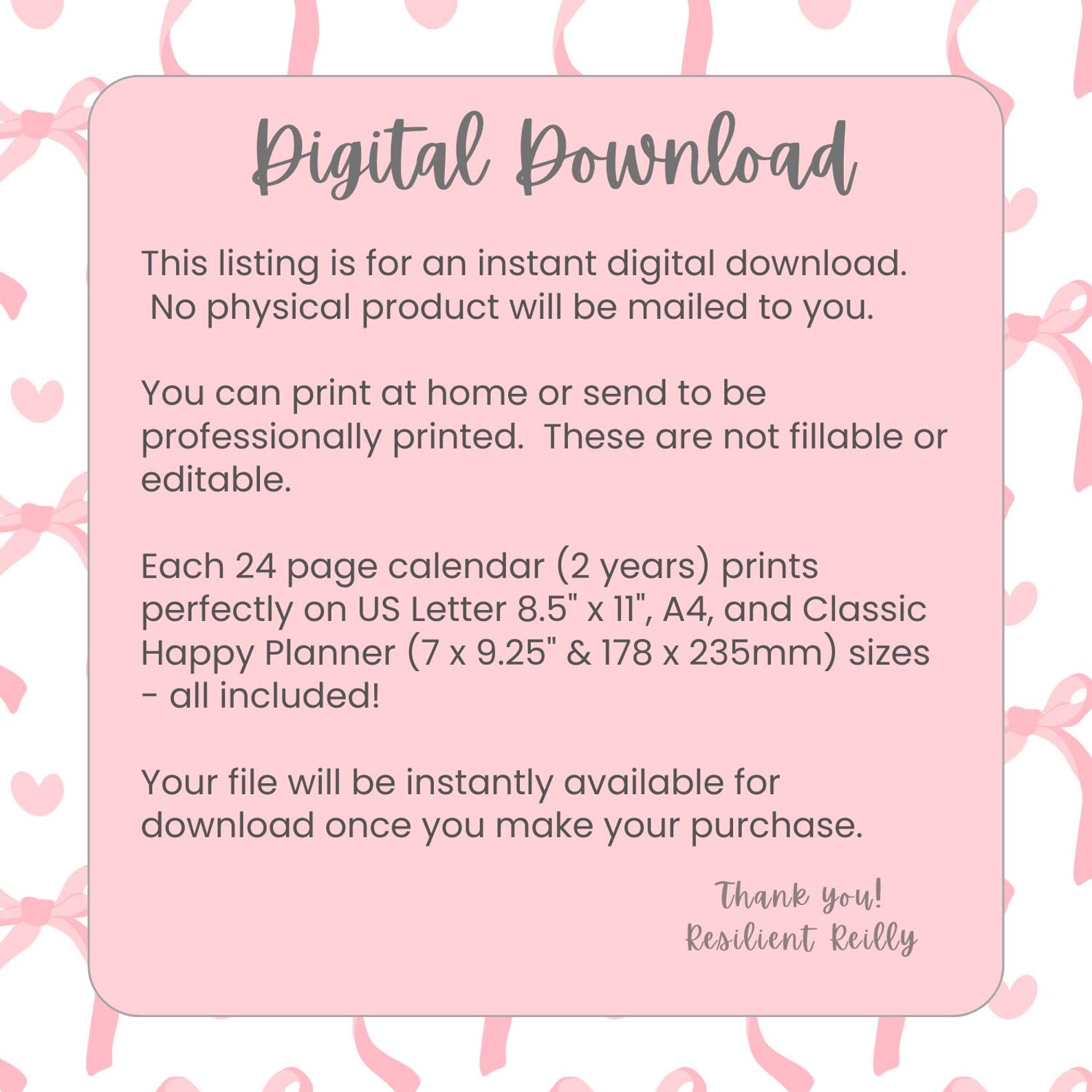 Pink Bow Calendar Organize 2026 2027 Calendar Pretty Pink Bow Printable ...