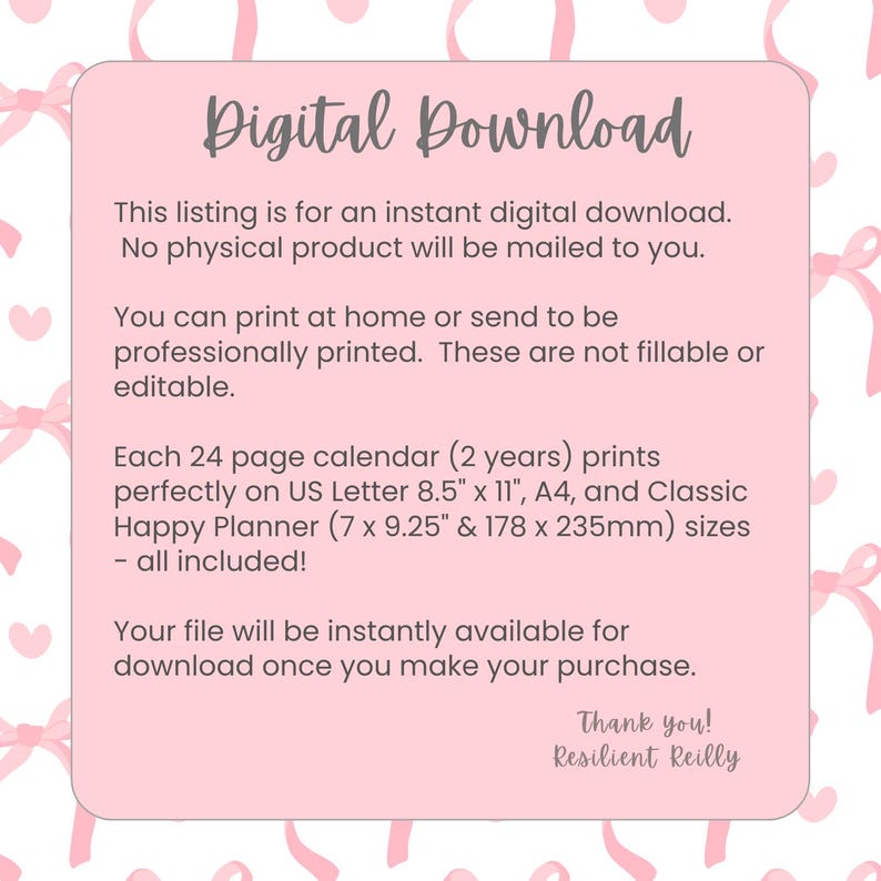 Pink Bow Calendar Organize 2026 2027 Calendar Pretty Pink Bow Printable ...