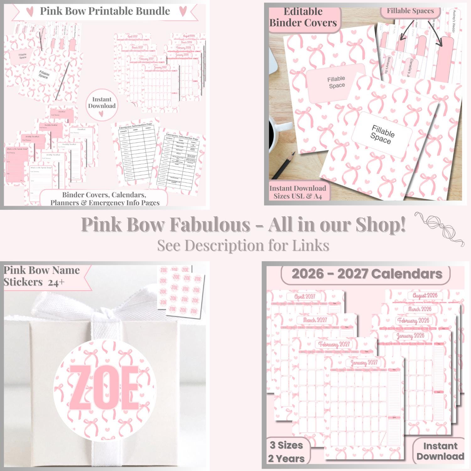 Pink Bow Binder Cover for School Organization Journal Meal Planner Home ...