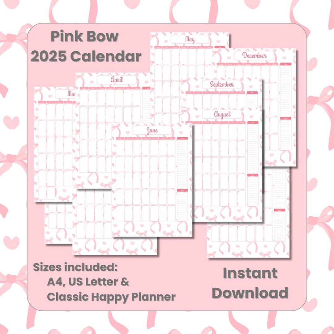 Pink Bow Calendar Organize 2025 Calendar Pretty Pink Bow Monthly ...