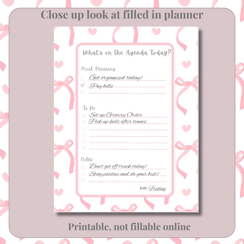 Pink Bow Planner to Do List Girlie Checklist Pink Bow Organization ...