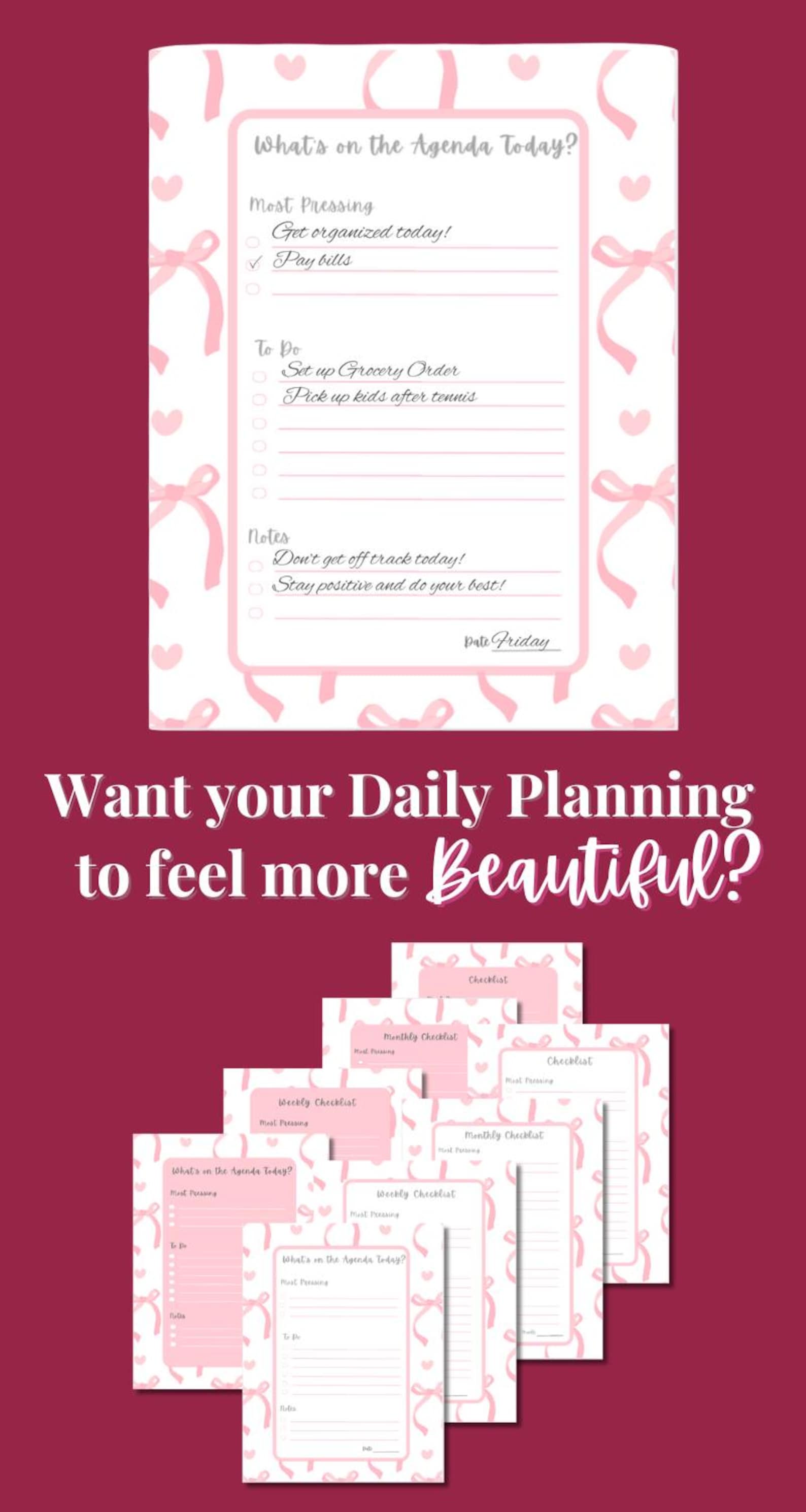Pink Bow Planner to Do List Girlie Checklist Pink Bow Organization ...