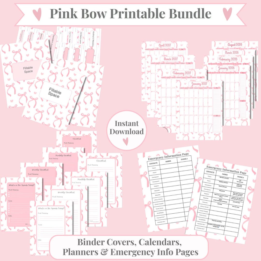 Pink Bow BUNDLE Decor Planner Organization Pink Bow Binder Cover ...