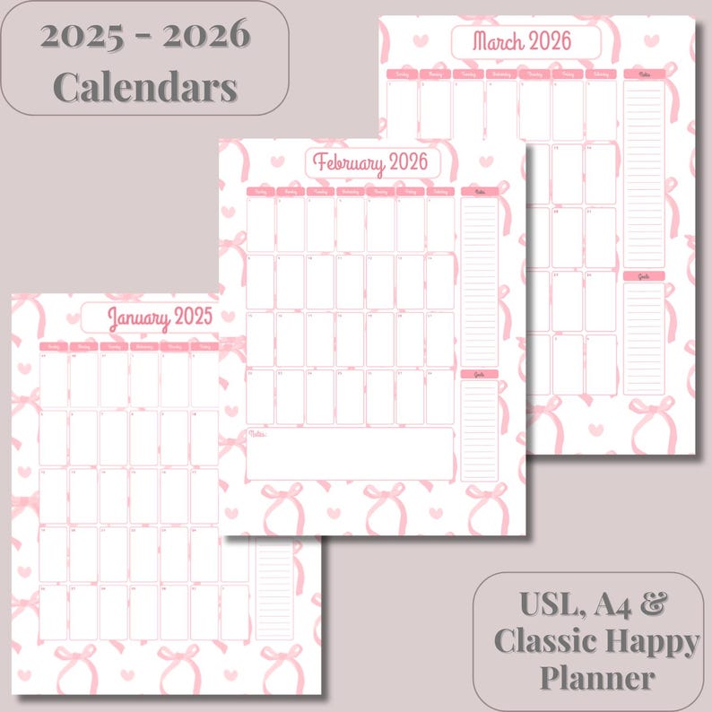 Pink Bow Calendar Organize 2025 2026 Calendar Pretty Pink Bow Printable ...