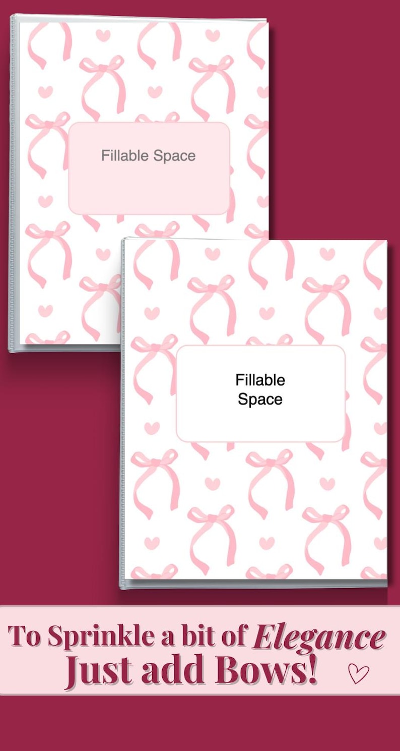 Pink Bow Binder Cover for School Organization Journal Meal Planner Home ...