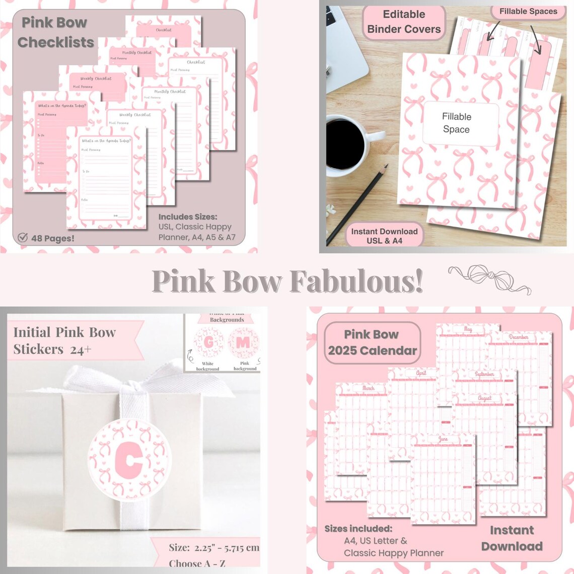 Pink Bow & Blue Binder Cover Fillable Preppy Blue and Pretty Pink Bow ...