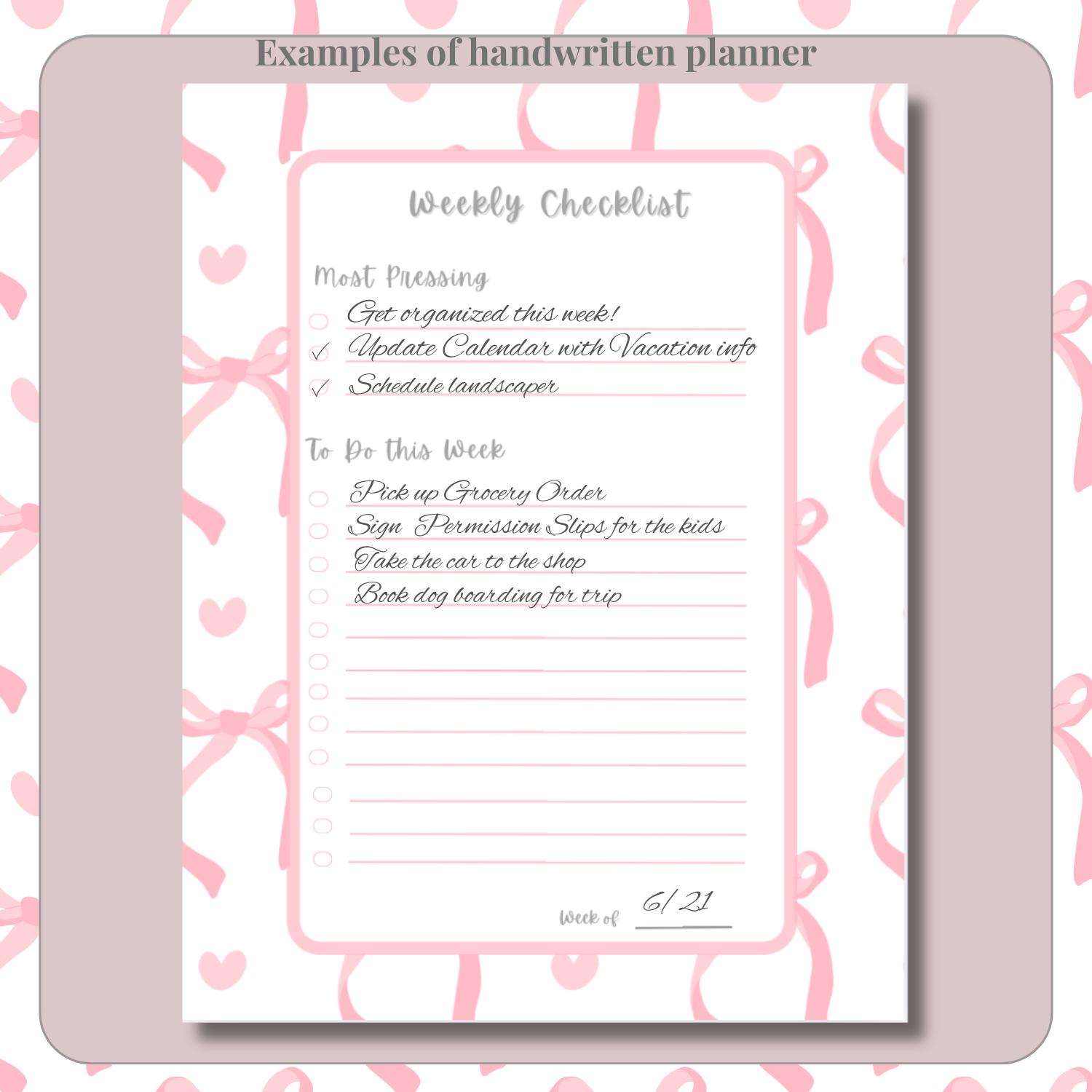 Pink Bow Planner to Do List Girlie Checklist Pink Bow Organization ...